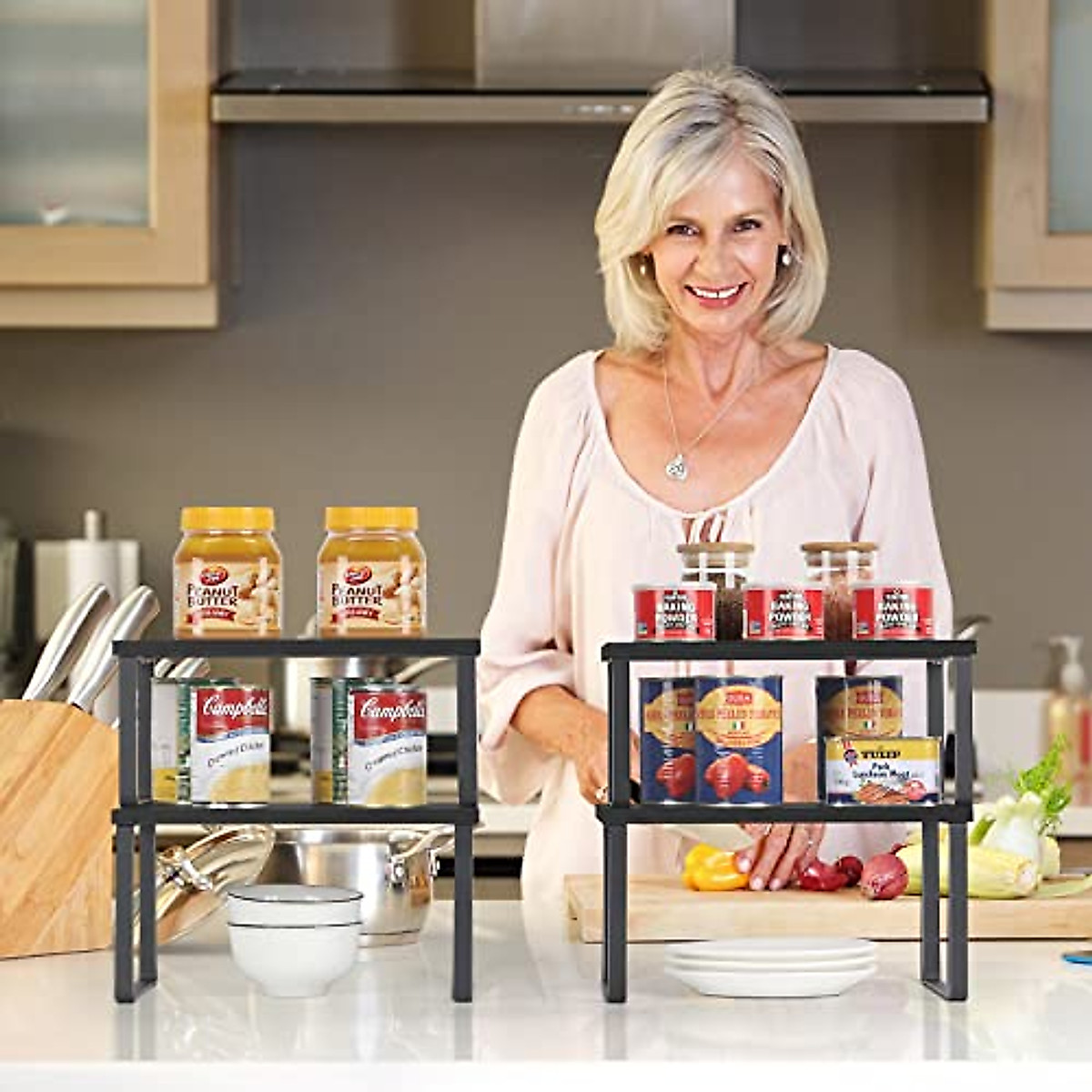 CADUKE Set of 4 Kitchen Counter Shelves Stackable Shelf Organizer Wood Countertop Shelf Expandable Cabinet Shelf Organizers Countertop Storage Rack for Pantry, Industrial Black