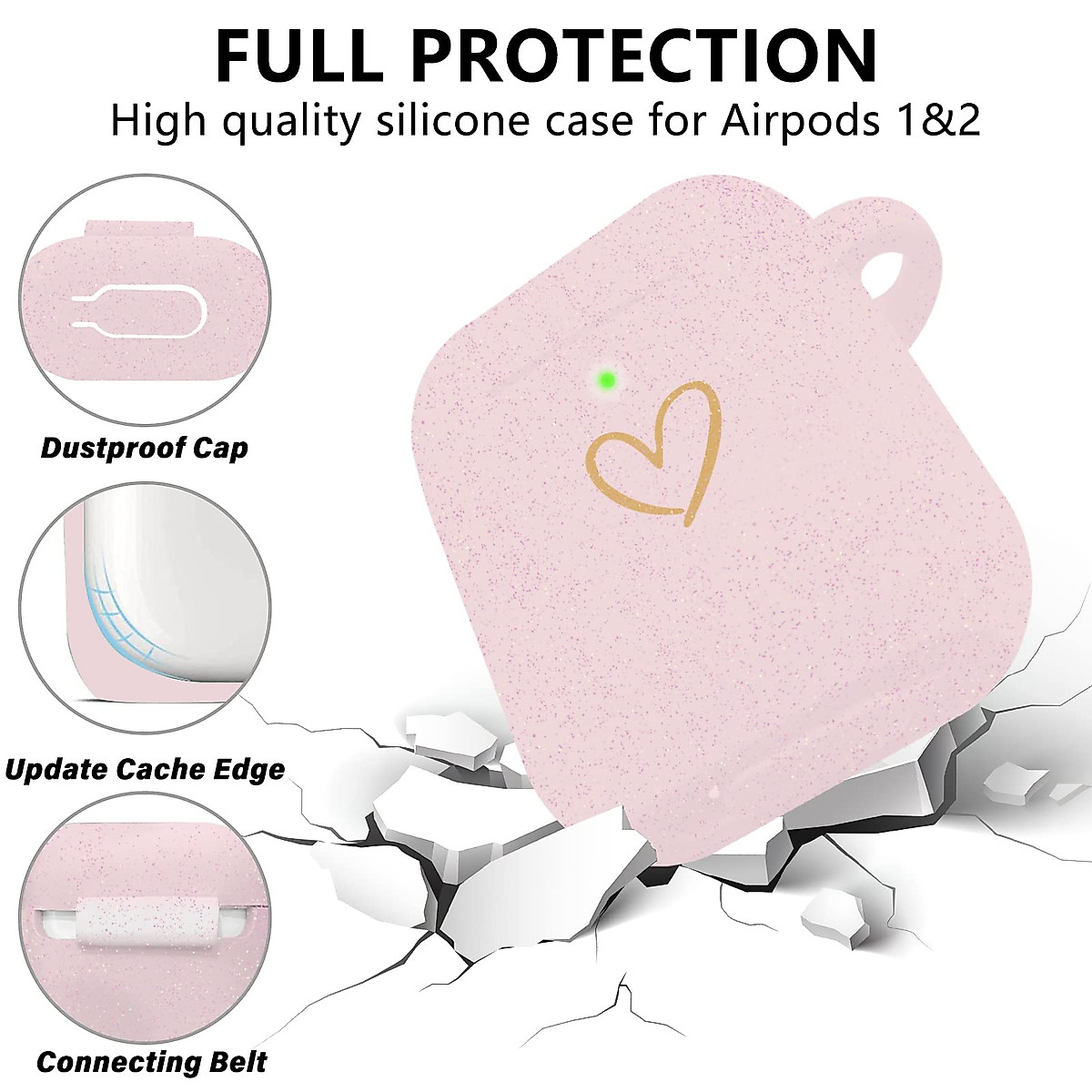 AIIEKZ Compatible with AirPods Case Cover, Soft Silicone Case with Gold Heart Pattern for AirPods 2&1 Generation Case with Cute Butterfly Keychain for Girls Women (Rose Gold)