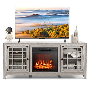 COSTWAY Electric Fireplace TV Stand for TVs up to 65-inch, 18-inch Fireplace Entertainment Center with Remote Control, Thermostat, TV Console with Adjustable Shelves for Living Room Bedroom, Natural