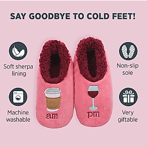 Snoozies Pairable Slipper Socks - Funny House Slippers for Women, Non-Slip Fuzzy Slipper Socks - Best Friend Birthday Gifts for Women - AM/PM (Pink, Small)