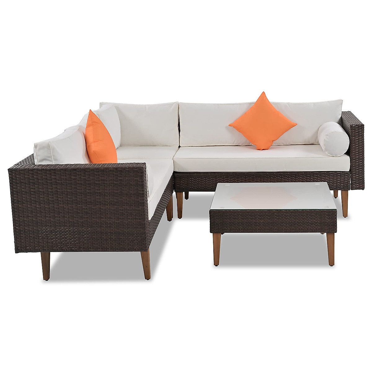 4-Pieces Outdoor PE Wicker Sofa Set with Coffee Table, L-Shape Patio Sofa Set with Colorful Pillows and Solid Wood Legs, All Weather Rattan Waterproof Conversation Seat (Brown+Beige)