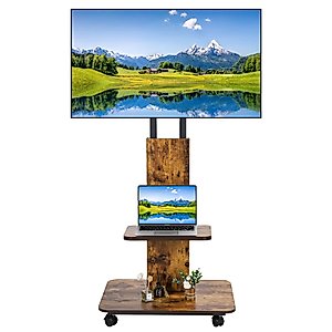 Hellsehen Wood Rolling TV Stand Mobile TV Cart with Locking Wheels for 32-65 Inch LCD LED OLED Flat Panel Screens with Laptop Shelf Portable Outdoor Floor Stand Height Adjustable for Home Office