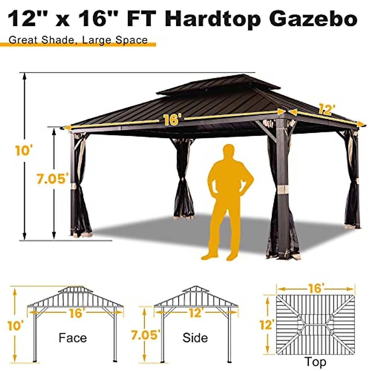 OLILAWN Gazebo 12x16, Outdoor Hardtop Gazebo with Large Aluminum Frame, Galvanized Steel Double Top Gazebo with Ventilation, All-Weather Metal Gazebo with Mosquito Nettings, for Patios Gardens Lawns