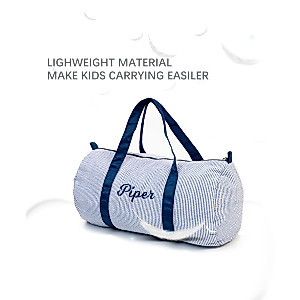 Personalized Kids Travel Overnight Bag Seersucker Carry On Lightweight Weekender Duffel Bag for Boys Daycare Bag for Toddler Boys Girls Weekend Beach Sports Gym Sleepover Bag (Blue)