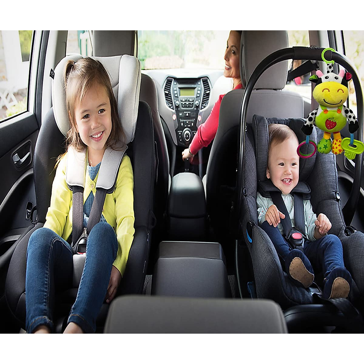 Cute Hanging Stroller Car Seat Toys for Baby, C Clip Hanging Animal Soft Toys with Rattles BB Squeaker Distorting Mirror for Boys Girls 0-36 Months (Green)