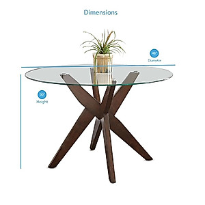 Steve Silver Amalie 48" Round Modern Dining Table with Tempered Glass Top & Solid Rubberwood Base, Architectural Pedesta, Conversational Feel, in Walnut/Clear Finish