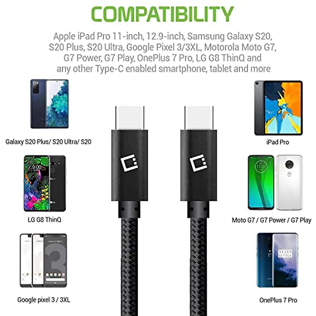 Dual USB-C/PD 60W Fast Charging Cord Compatible with ZTE Blade V20 Plus 5Gbps Data Transfer for Power Delivery Hi Capacity Charging (White)