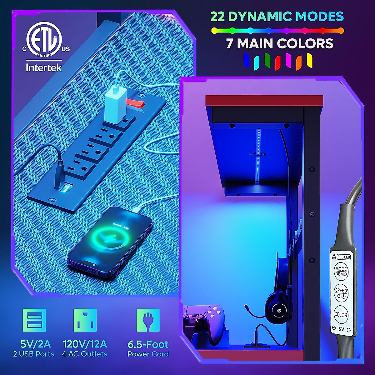 Bestier Gaming Desk with Power Outlets, 61 Inch Large Led Gamer Desk with 4 Tiers Reversible Shelves, PC Gaming Table with Headset Hook & Side Storage Bag for Bedroom (Black 3D Carbon Fiber)