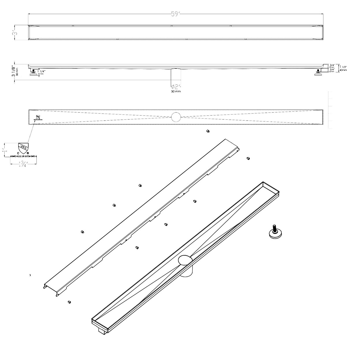 ALFI brand ABLD59B-BSS Shower Drain, Brushed Stainless Steel