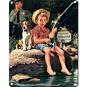 Vintage Tin Poster 1950s Trouble Brewing Boy Fishing Metal Tin Sign 8x12 Inch Retro Home Kitchen Office Garden Garage Wall Decor Tin Plaque New