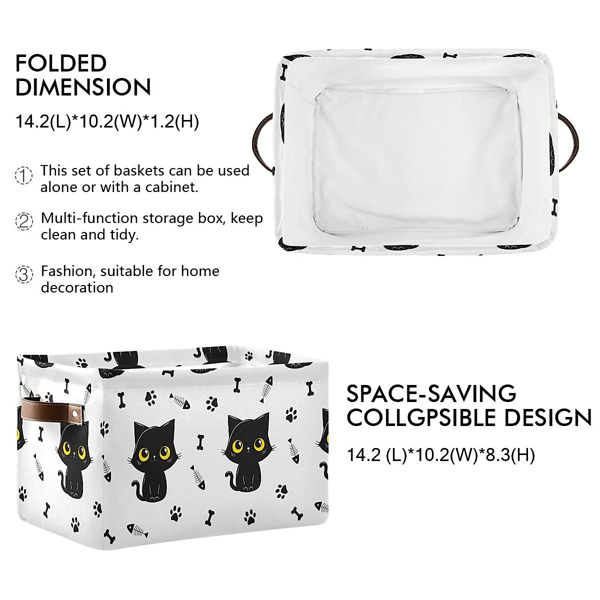 Halloween Black Cat Bone Storage Basket Bins Foldable Laundry Hamper Toy Storage Bins Box Organizer for Living Room Clothes Nursery Closet Shelf Playroom,1 pcs