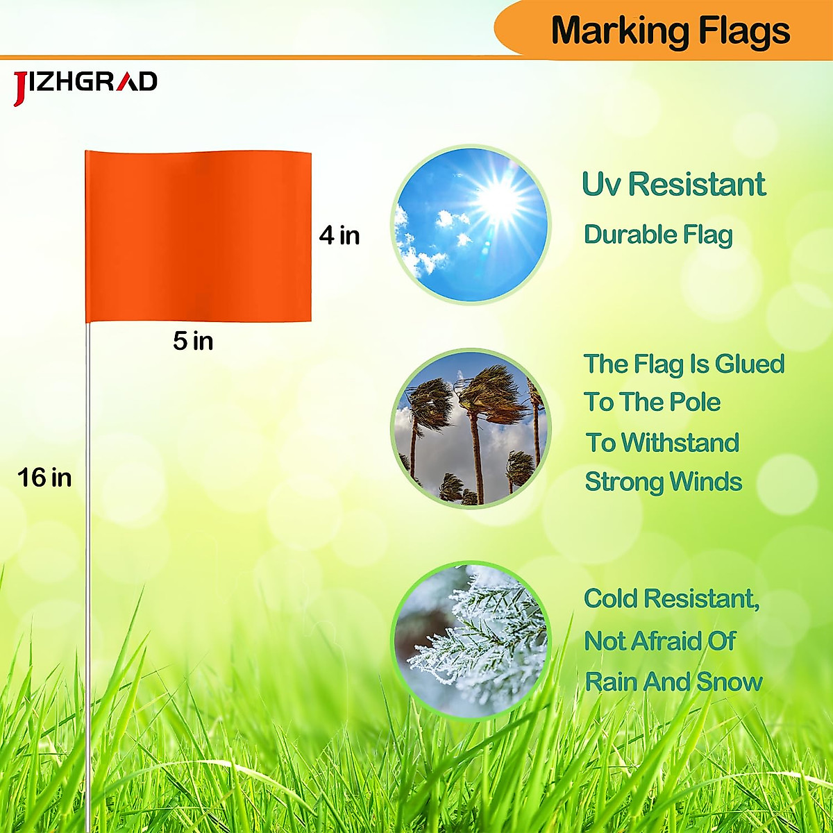 Orange Marker Flags, 100 Pack Construction Marking Flags | 4x5x16 Inch, Yard Flags Marker, Lawn Flags, Invisible Fence, Survey Flags, Landscape Flags, Sprinkler Flags, Surveyor Flags, Stake Flags,