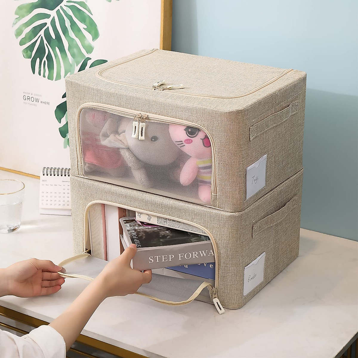 FHSQX Clothes Storage Bins,Foldable Clothing Storage Box,Stackable Steel Frame Oxford Fabric Organizer with Clear Window & Carry Handles (Beige, (15.7 * 12 * 8) x2)