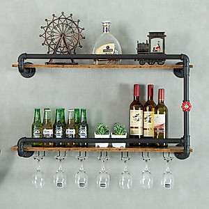 BOTAOYIYI Wine Rack Wall Mounted 2 Tier, Hanging Floating Bar Liquor Shelves with Glass Holder Storage Under, Industrial Rustic Pipe Farmhouse Kitchen Decor Black(35.4x10.6x19.7)