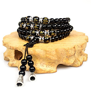 PWMENLK 6mm 108 Mala Beads Bracelet Meditation Necklace Obsidian Beaded Prayer Buddhist Necklace for Healing Stone Agate Tiger Eye Jewelry for Men and Women(om mani padme hum)