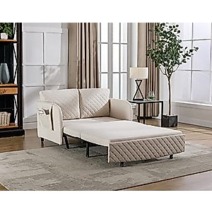 KINFFICT Pull Out Futon Sofa Bed, Convertible Small Loveseat Sleeper with Storage Drawer, 3 in 1 Futon Couch with Removable Pocket and 2 Pillows, Modern Love Seat for Living Room, Guest Room, Beige