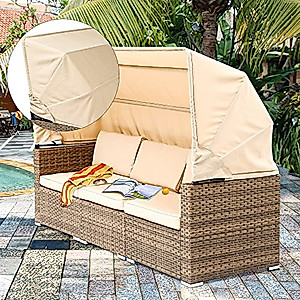YITAHOME Patio Wicker Sofa Daybed Furniture Set with Retractable Canopy, Storable Side Table Outdoor Lounger with Soft Cushions for Backyard Porch (Light Brown + Beige)