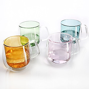 Colorful Double Walled Glass Coffee Mug 11.6 oz. Set of 4 Insulated Coffee Cups with Handle for Latte, Espresso, Cappuccino, Milk, Americano and Ice Tea