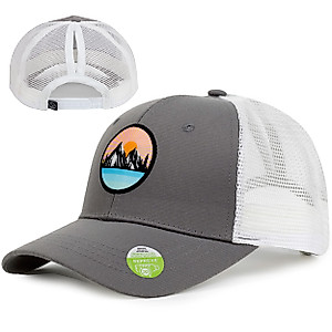 Ecofera Women's Eco-Friendly Ponytail Hat Messy Bun Baseball Trucker Cap (Grey/White Patch)