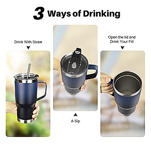 GUDEMAO 20 oz Stainless Steel Tumbler with Handle, Double Wall Vacuum Insulated Coffee Mug Tumbler with Lid and Straw, Thermal Cup for Cold and Hot (Blue Black)