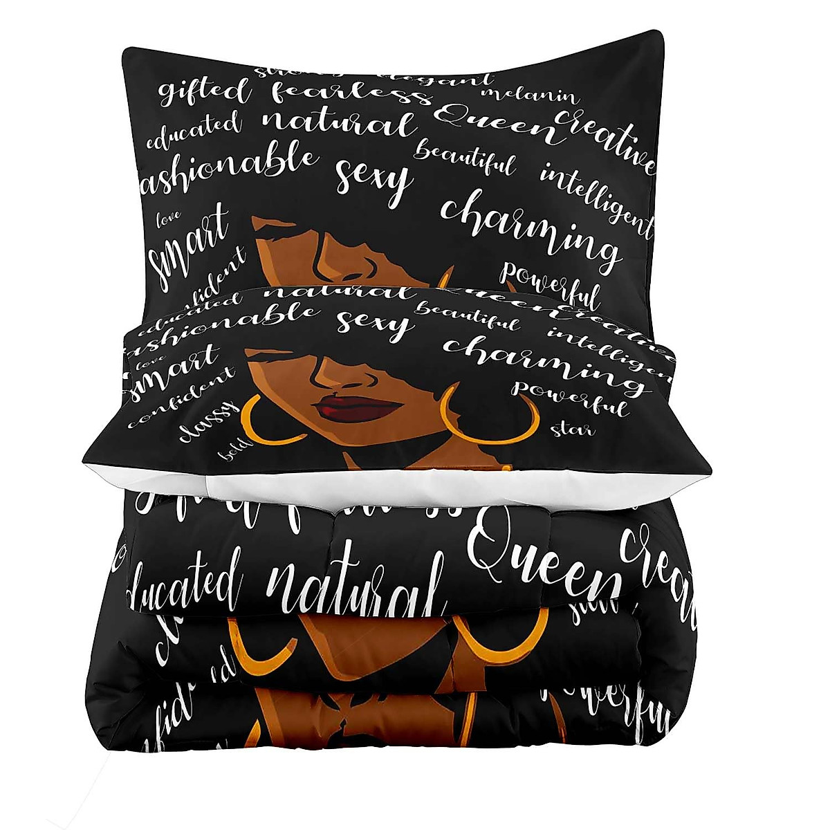 LUVIVIHOME 3PCS African American Black Girl Comforter Set King Size, Black Woman Afro Girl Melanin Queen Black Girl Magic Bedding for Teens, Black Quilt, Inspirational Gifts for Women, 2 Pillow Cases