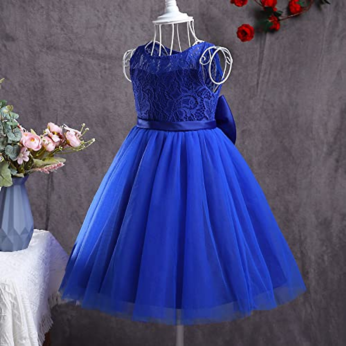 TENTIDE Baby Flower Girls Formal Dress Sapphire Blue Holiday Party Pageant Lace Sleeveless A-line Bow Tulle Dress (Blue-1, 6-12M)