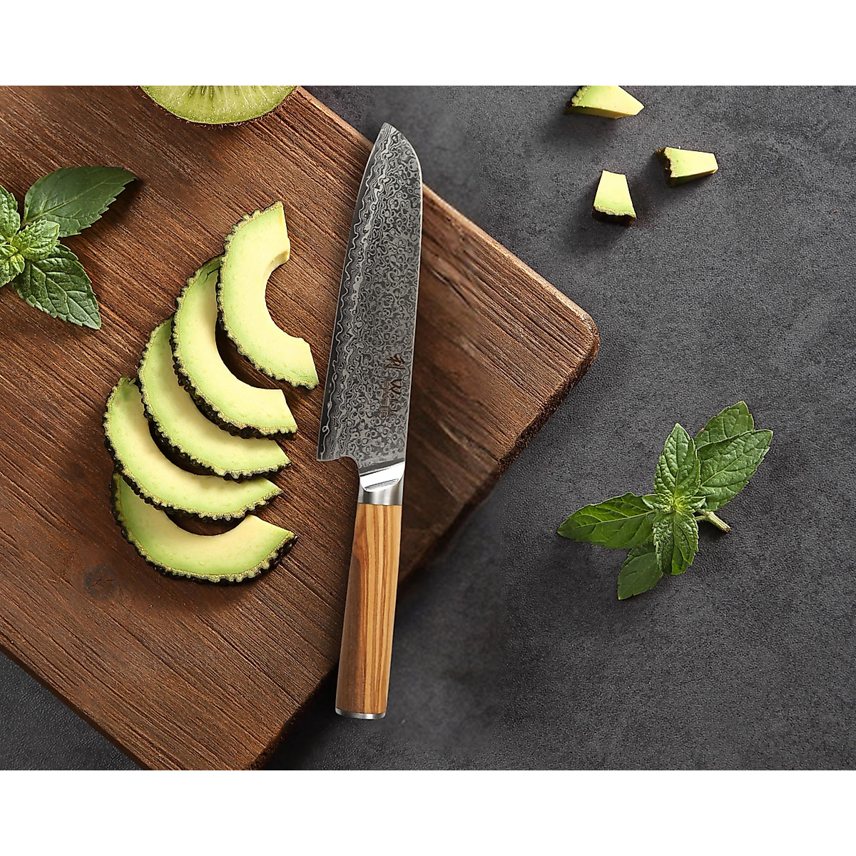 Wakoli Santoku Knife, 7-inch Blade Damascus Chef Knife made from 67 Layers of Damascus Steel with VG10 Core, Sharp Kitchen Knives with Olive Wood Handle, Meat Knife for All Tasks in Gift Box (Oribu)