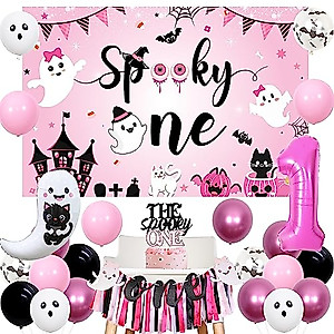 Halloween 1st Birthday Party Decorations for Girl Spooky One Backdrop Pink Black Hot Pink Balloons High Chair Banner Cake Topper for First Birthday Party Supplies