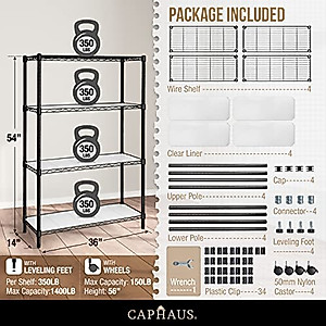 CAPHAUS NSF Heavy Duty Wire Shelving w/Wheels, Leveling Feet & Liners, Storage Metal Shelf, Garage Shelving Storage, Utility Wire Rack Storage Shelves, W/White Clear Liner, 36 x 14 x 56 4-Tier