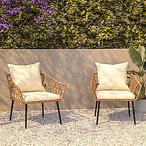 Flash Furniture Evin Set of 2 Boho Indoor/Outdoor Patio Chairs - Natural Finish Faux Rattan Wicker - Cream All-Weather Cushions - Integrated Armrests