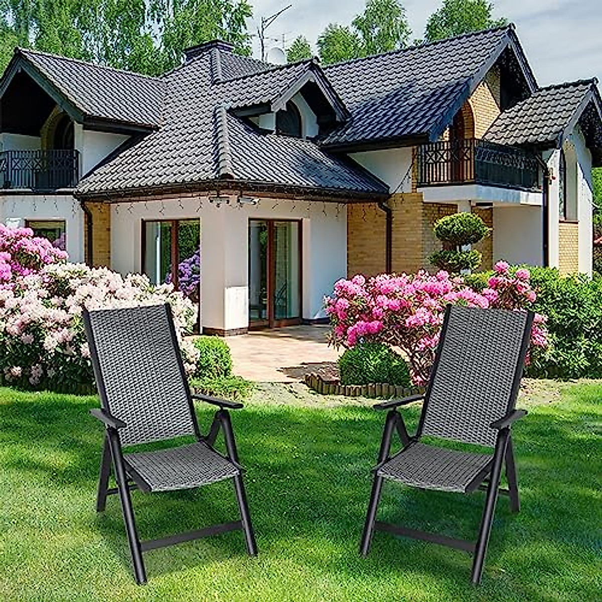 Homey Folding Patio Chairs, No Assemble Chair with Aluminum Frame Adjustable Backrest for Outdoor Camping, Porch, Balcony Portable Chairs, Set of 2 (Gray)