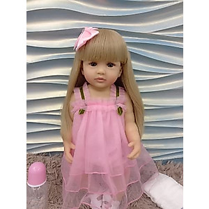 RXDOLL Reborn Baby Dolls Full Body Silicone Vinyl Girl 22 inch 55 cm Realistic Lifelike Toddlers Newborn Baby Doll Waterproof with Blond Long Hair Pink Dress for Girls Birthday