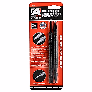 ARES 10012 – 2-Piece Dual Head Nail Setter & Hinge Pin Remover Punch Set – Nail Setter Features 1/32-Inch (#1) and 1/16-Inch (#2) Dual Head Design – CNC-Precision Machined - 5000 PSI Striking Force