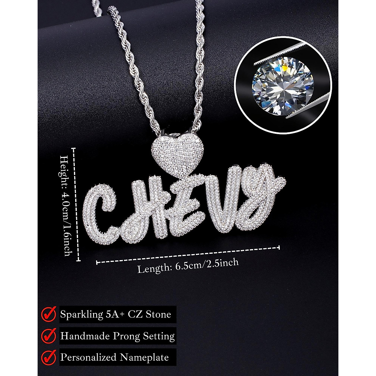 Iced Out Personalized Cursive Name Heart Necklace, Custom Nameplate Pendant Handmade with Cuban Link Chain, Hip Hop Initial Letter Diamond Jewelry Gifts Gold and Silver Color Plated for Man and Woman (Silver/Heart Hook)