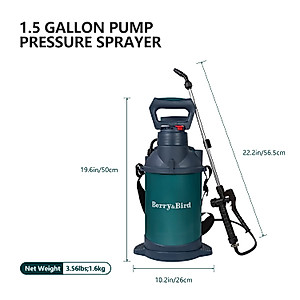Berry&Bird 1.5 Gallon Green Polyethylene Garden Pump Sprayer, Compact, Ergonomic, Adjustable Nozzle, Shoulder Strap, Safety Valve, Multi-Purpose Lawn & Garden Sprayer