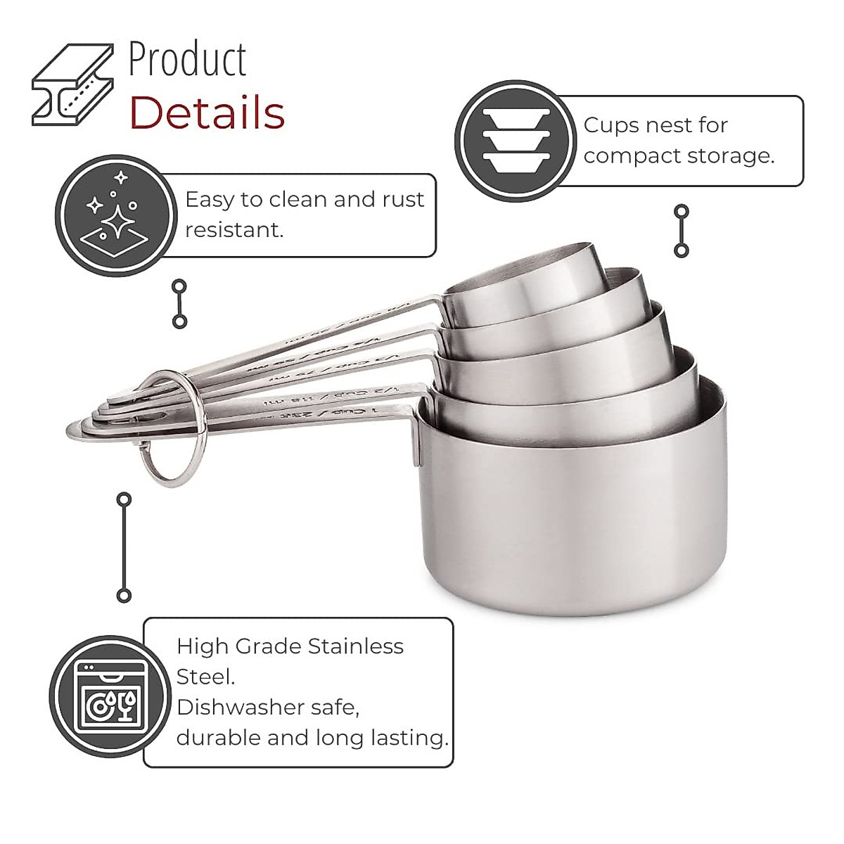 husMait Stainless Steel Measuring Cups - 5 Piece Heavy Duty Measuring Cup Set with Storage Ring