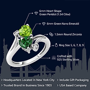 Gem Stone King 925 Sterling Silver Green Peridot Green Nano Emerald Ring For Women | 1.54 Cttw | Heart Shape 6MM | Gemstone August Birthstone | Available In Size 5, 6, 7, 8, 9