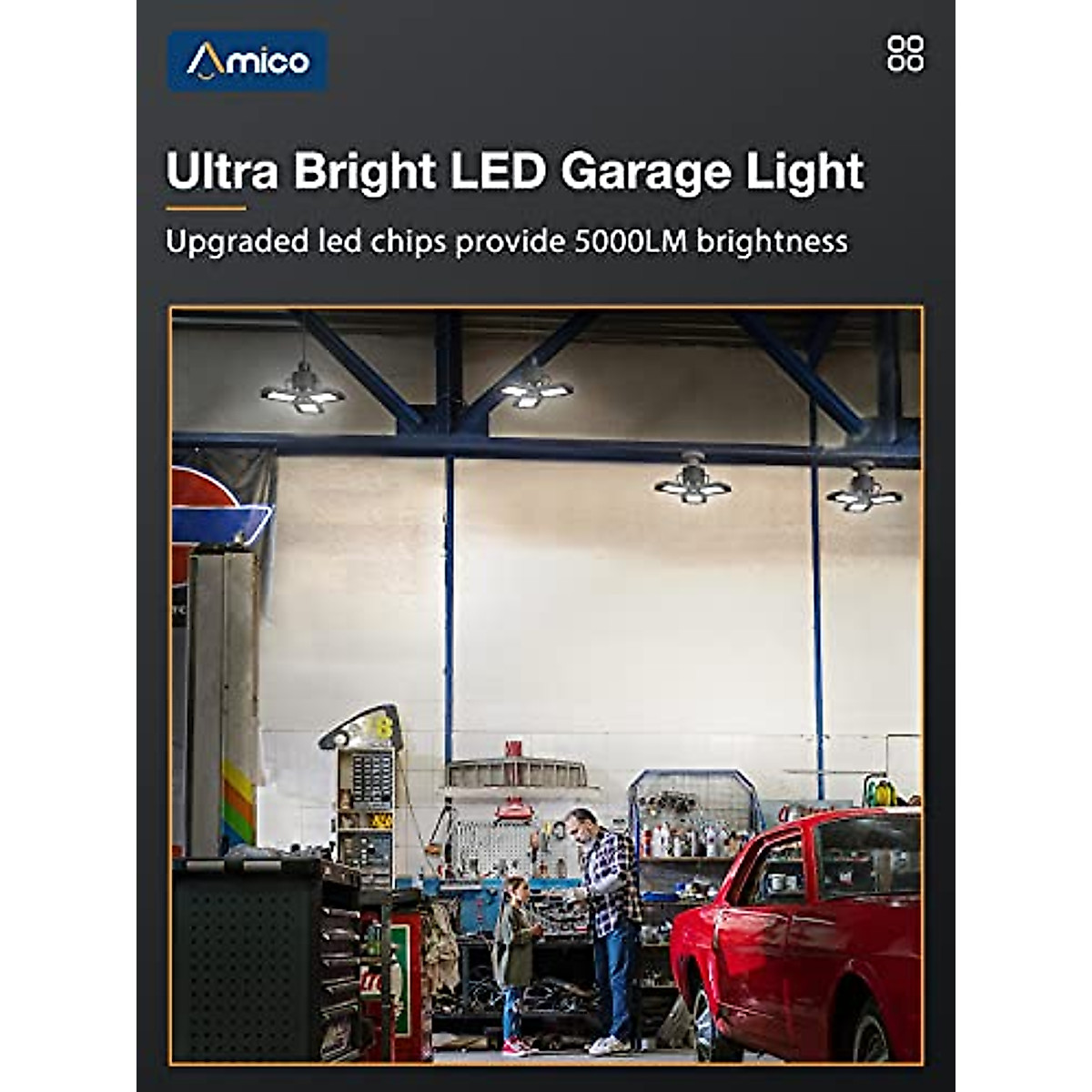 4-Pack LED Garage Lights, 50W LED Shop Light with 3 Ultra Bright Adjustable Panels, 5000LM 6500K Deformable Ceiling Lights for Garage, Attic, Basement, E26/E27 Base