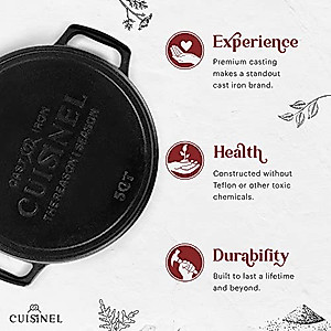 Cuisinel Cast Iron Dutch Oven - 5-Quart Deep Pot - Preseasoned 2-in-1 Multi-Cooker - Combo Lid Doubles as 10"-inch Skillet Frying Pan + Silicone Handle Covers + Scraper - Indoor/Outdoor Bread Cookware