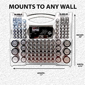 Battery Pro Organizer and Battery Tester, Wall-Mount Battery Storage Case, Holds 100 Assorted AA, AAA, C, 9-Volt, CR123, CR1632, and Button Cell Batteries, (White)