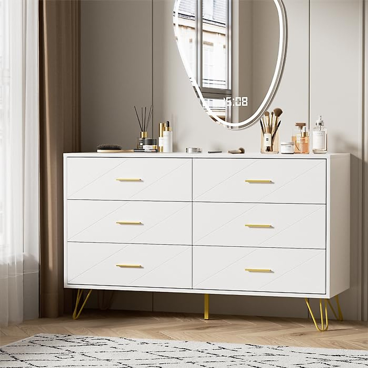 BVFUKA White Dresser for Bedroom, Wood 6 Drawer Double Dresser with Wide Drawers and Gold Handles, Modern Dressers & Chest of Drawers for Bedroom