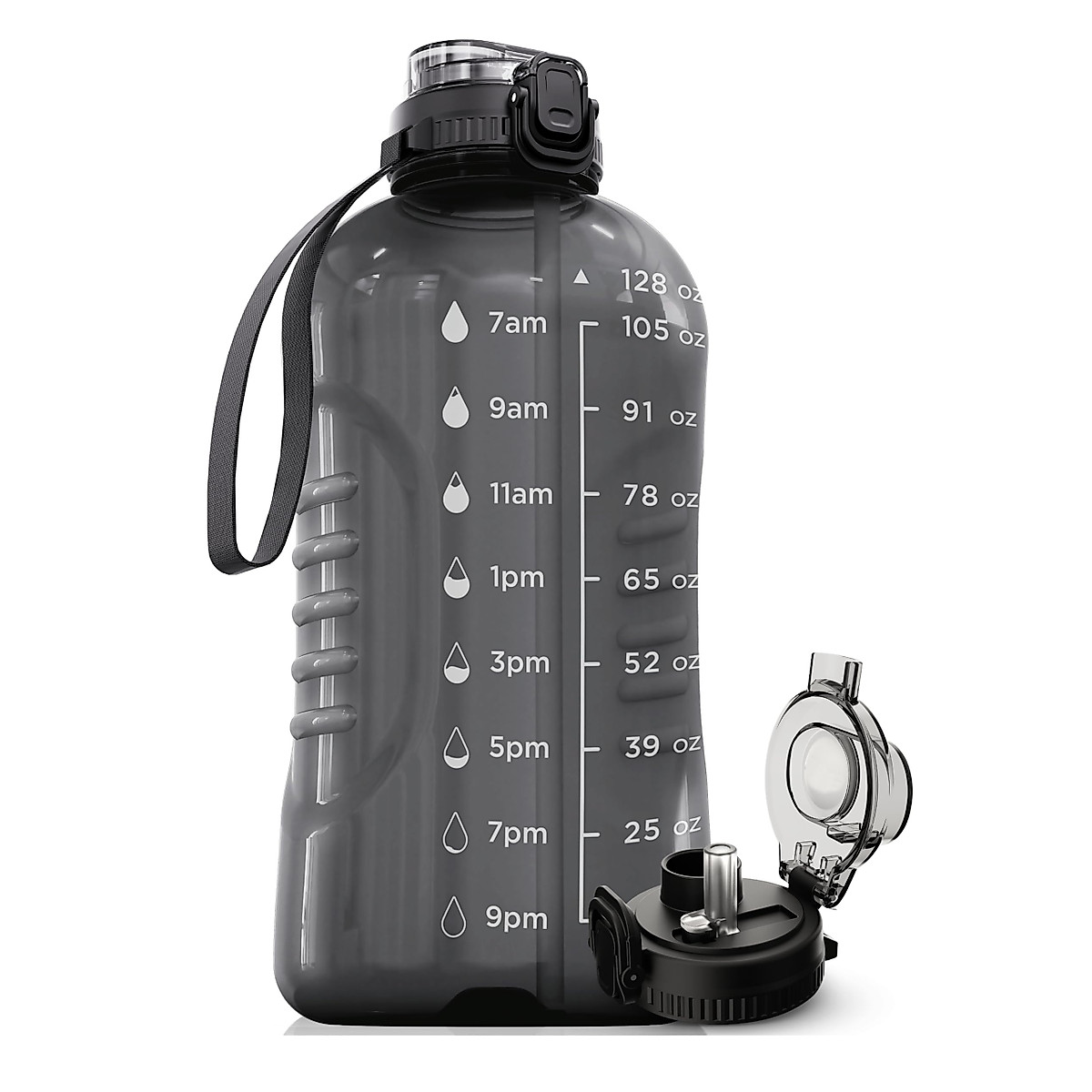 AQUAFIT 128 oz Water Bottle with Time Marker - 2in1 Straw & Chug Lid - BPA Free Big Water Bottle with Straw - Gym Water Bottle with Strap - Water Jug (128 Ounces, Gray)