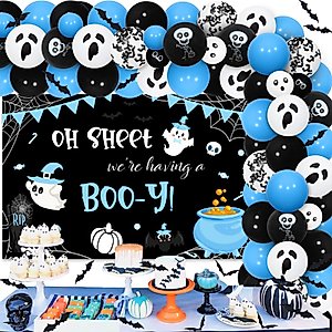 JOYMEMO Halloween Baby Shower Decorations Blue - Oh Sheet We're Having a Boo-y Backdrop, Halloween Balloon Garland Arch Kit with 3D Bat Stickers for Pregnancy Celebration Gender Reveal Party Supplies