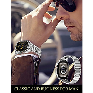 San Jeirie Stainless Steel Case and Band Compatible for Apple Watch Ultra/Ultra 2 Band 49mm,Rugged Apple Watch Ultra 1/2 Case with Metal iWatch Ultra Strap for Men (3-Silver, 49mm (Ultra 1/2))