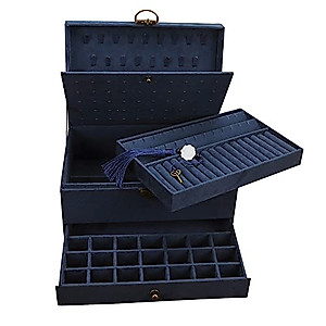 GYJOYERO Jewelry Box Jewelry Earrings Organizer Women Girls 4 Layers with Drawer Necklaces Rings Watches Display Case Storage Lockable GY708 (Navy)