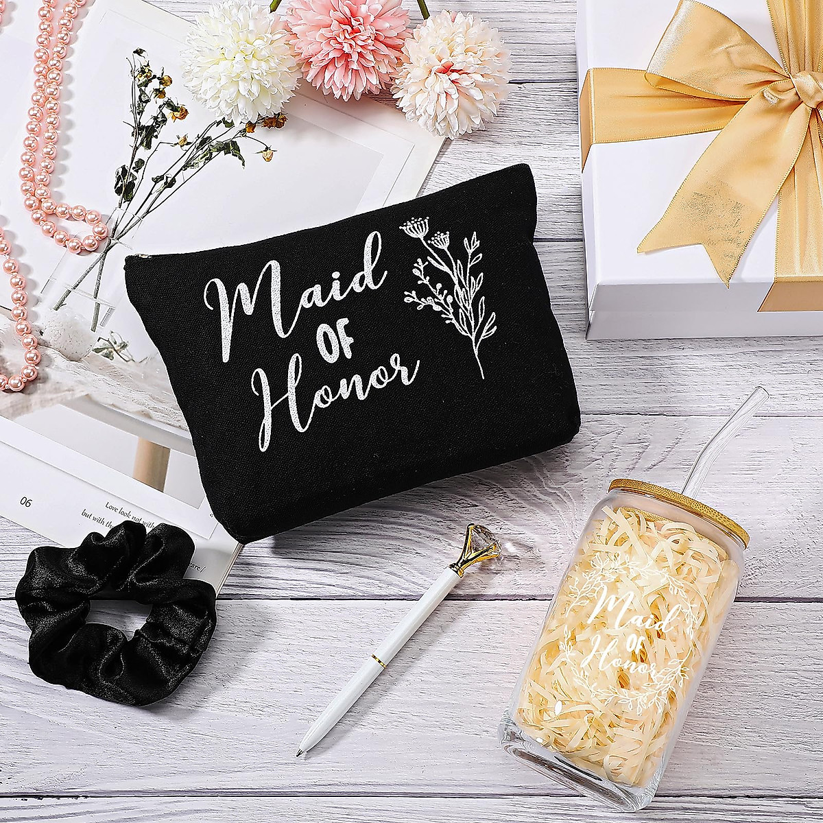 Umigy Bridesmaid Maid of Honor Glass Cup Gift Box Set of 5 Glass Cup with Lid Makeup Bag Scrunchies Hair Tie Diamond Ballpoint Proposal Gift with Raffia for Wedding (Black, White)