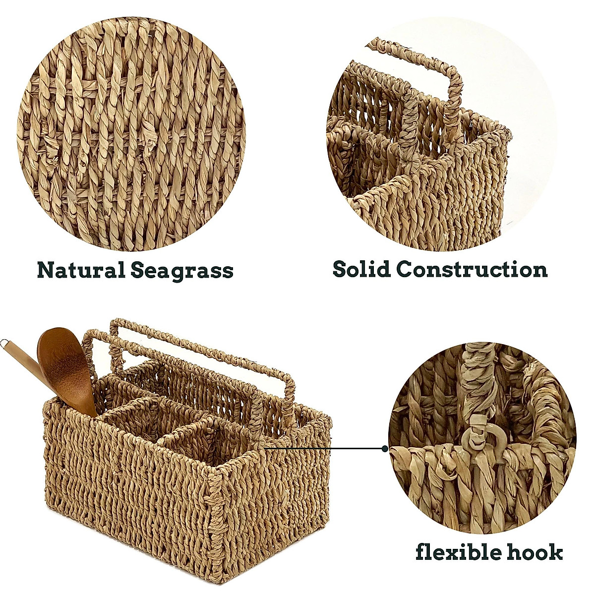 PEMAR Large L-Sized Hand Woven Utensil Caddy Carrier, Natural Jute Wicker Condiment Holder for Table, Kitchen Set Counter Top Silverware Organizer, Rustic Storage Forks, Spoons (Seagrass)