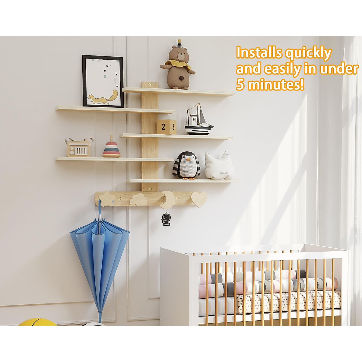 QsQueen Floating Shelves for Wall,Cute Shelves Room Decor,Coat Hooks,Small Wood Display Shelves Rack for Collectibles-Figures,Mini Decor,Toy,for Tonie Shelf - Maximum Length 24 inches Trinket Shelf