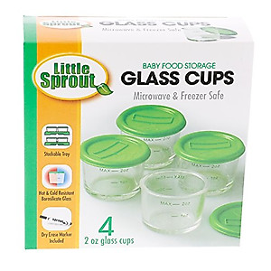 Glass Baby Food Storage Containers w Write What You Want Lids (4 Pk)- 2oz Jars with Storage Tray & Dry-Erase Marker- Microwave, Freezer, & Dishwasher Safe- For Homemade Babyfood, Breast Milk- BPA Free