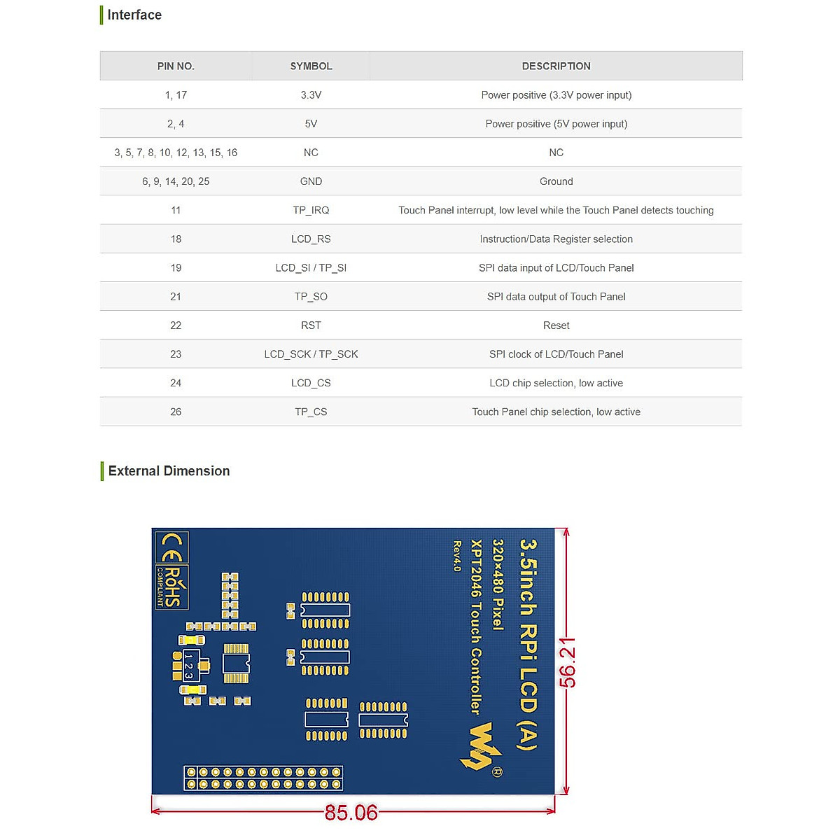 Waveshare 3.5inch Touch Screen, Compatible with Raspberry Pi 5/4B/3B/Zero/Zero W/Zero 2W/Pico/Pico W/Pico WH, TFT LCD, 480x320